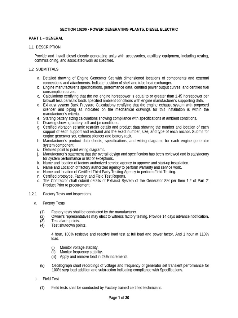 Section 16206 - Power Generating Plants, Diesel Electric | PDF ...