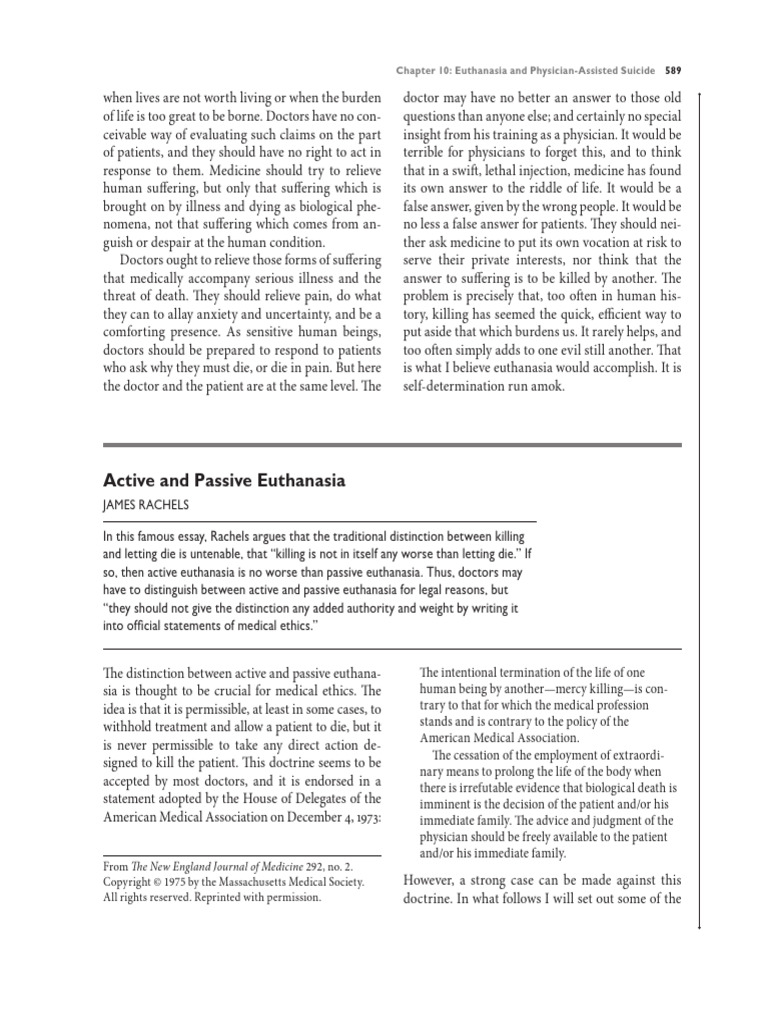 James Rachels (1975 2023 Reprint) Active and Passive Euthanasia (New England Journal of Medicine ...