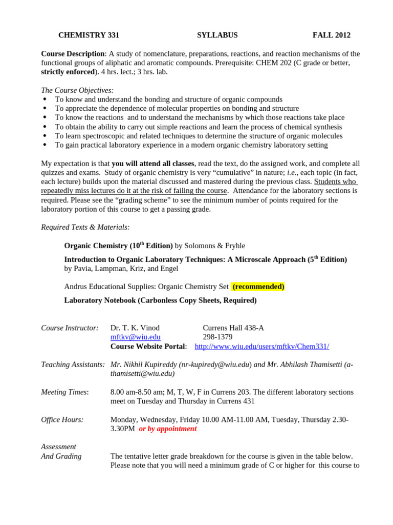 Chem 331 Lec Lab T K fl12 | PDF | Organic Chemistry | Chemistry