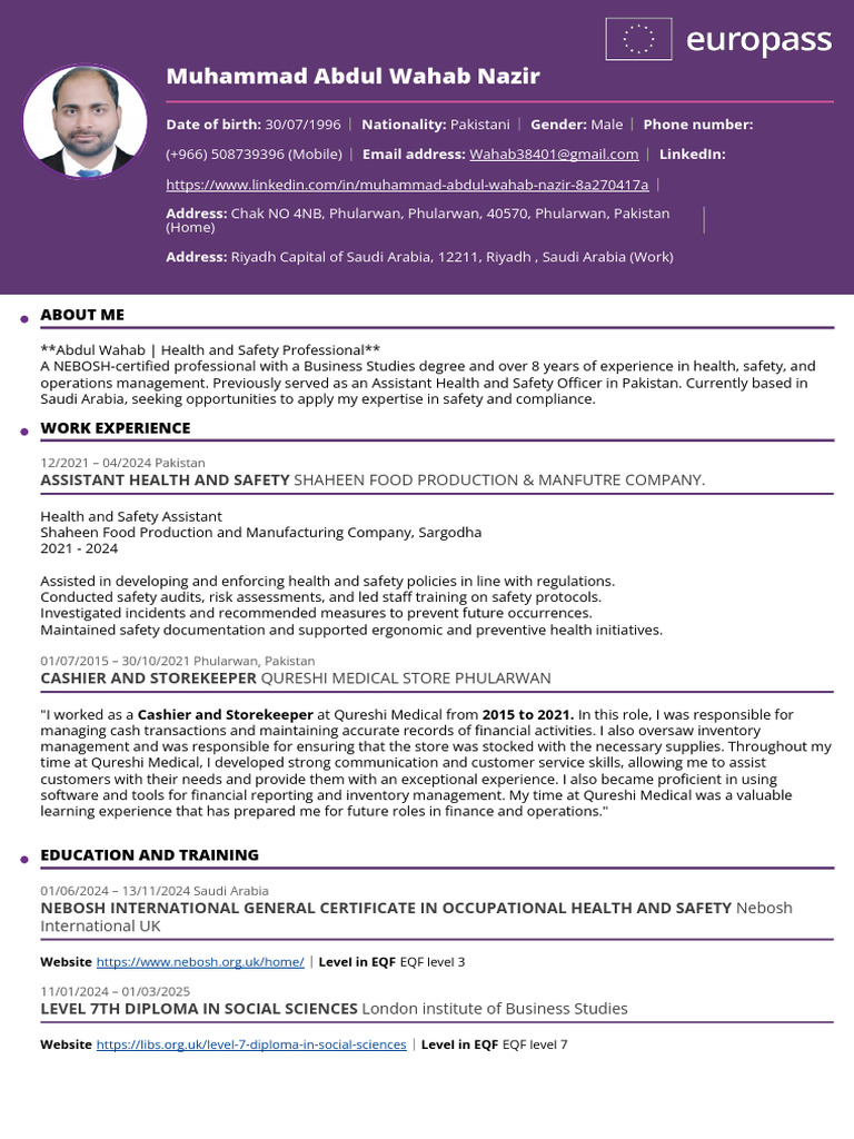 Health and Safety Professional Profile | PDF | Occupational Safety And ...