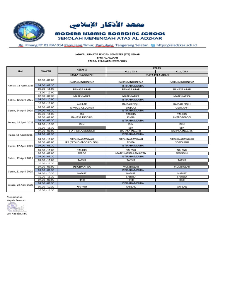 Jadwal STS Genap SMA Al Adzkar 2025 | PDF