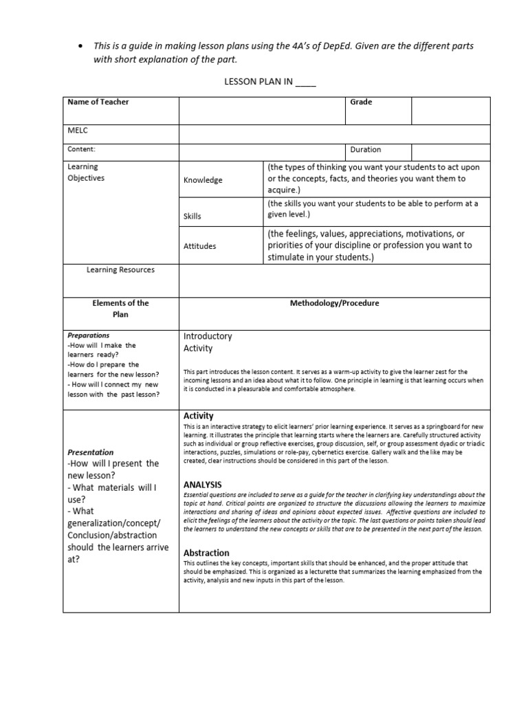 Lesson Planning Guide Using 4A's | PDF | Learning | Lesson Plan