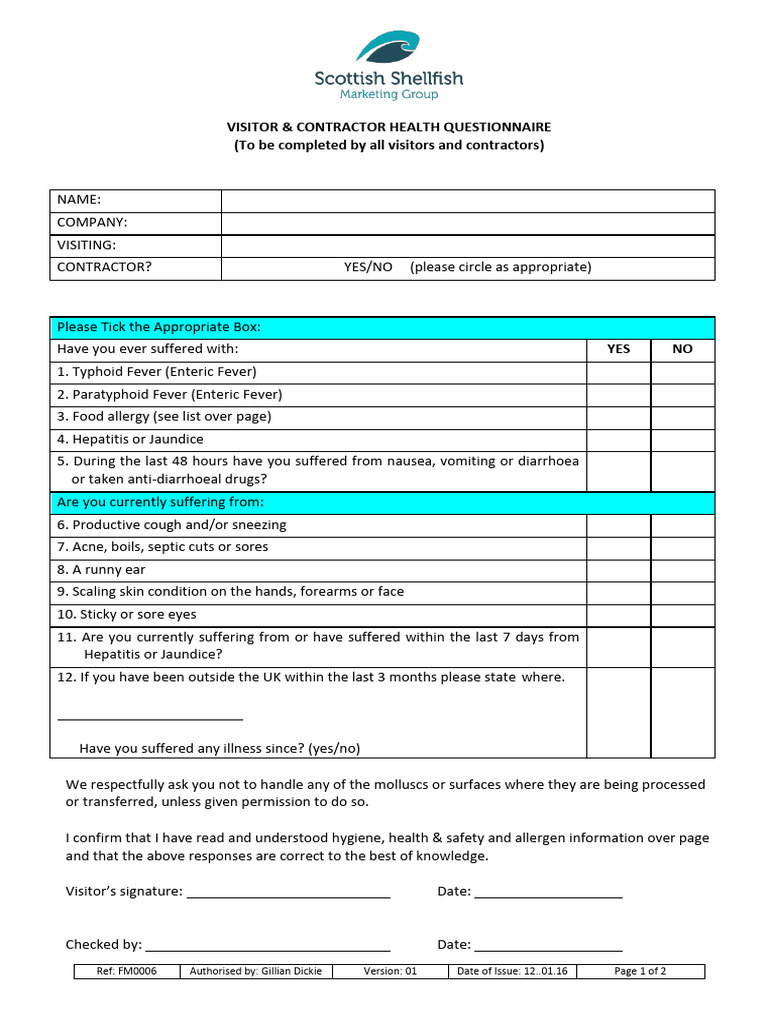 FM0006 Visitor Health Questionnaire | PDF | Allergy | Allergen