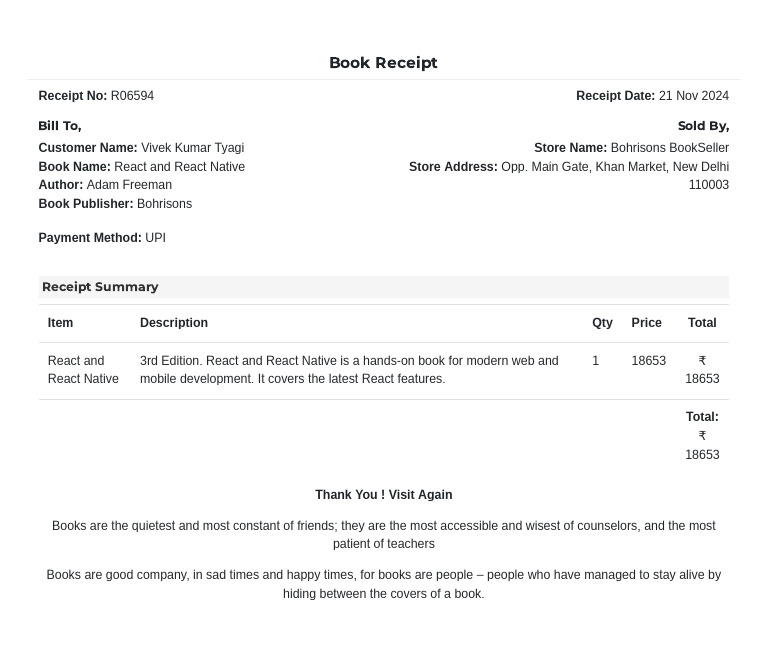 Receipt for React and React Native Book | PDF