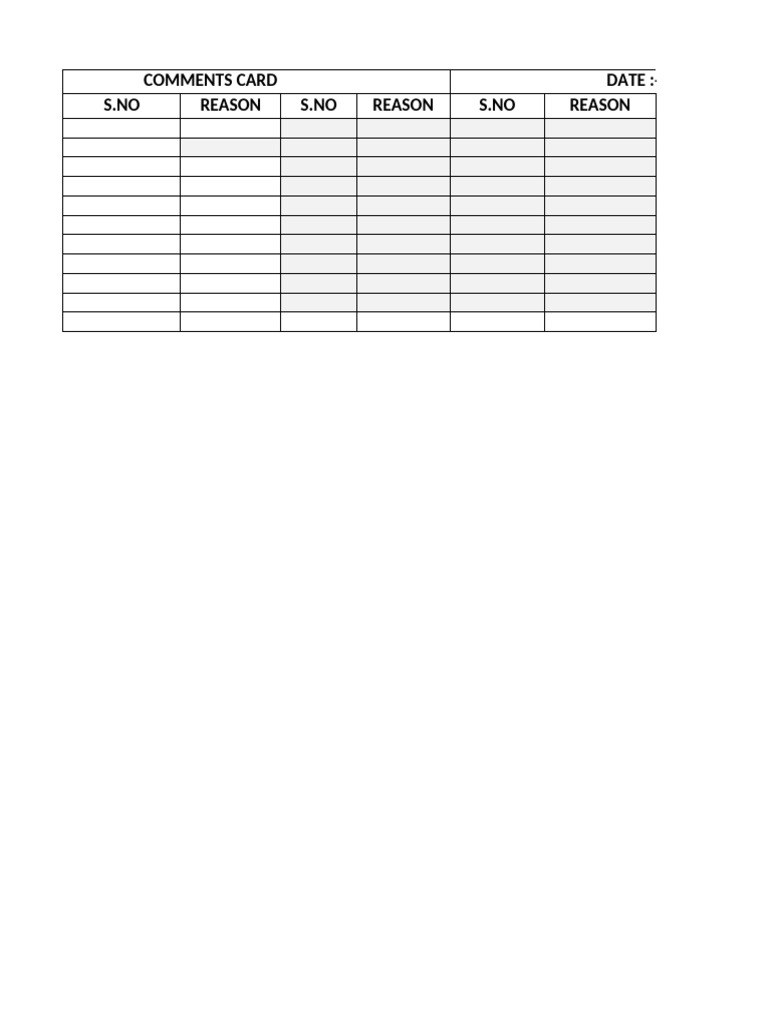 Comments Card Issue Sheet | PDF