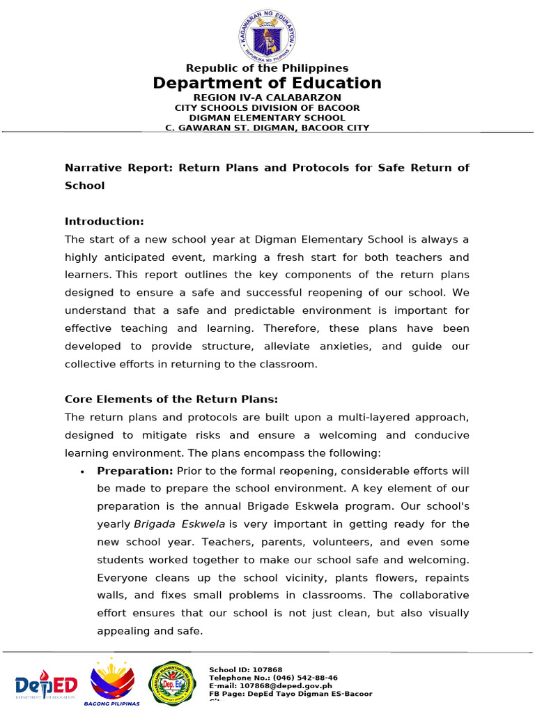 Narrative Report Return Plans and Protocols.... | PDF | Schools ...