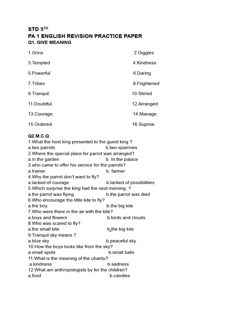 5th PA 1 ENGLISH REVISION PAPER | PDF