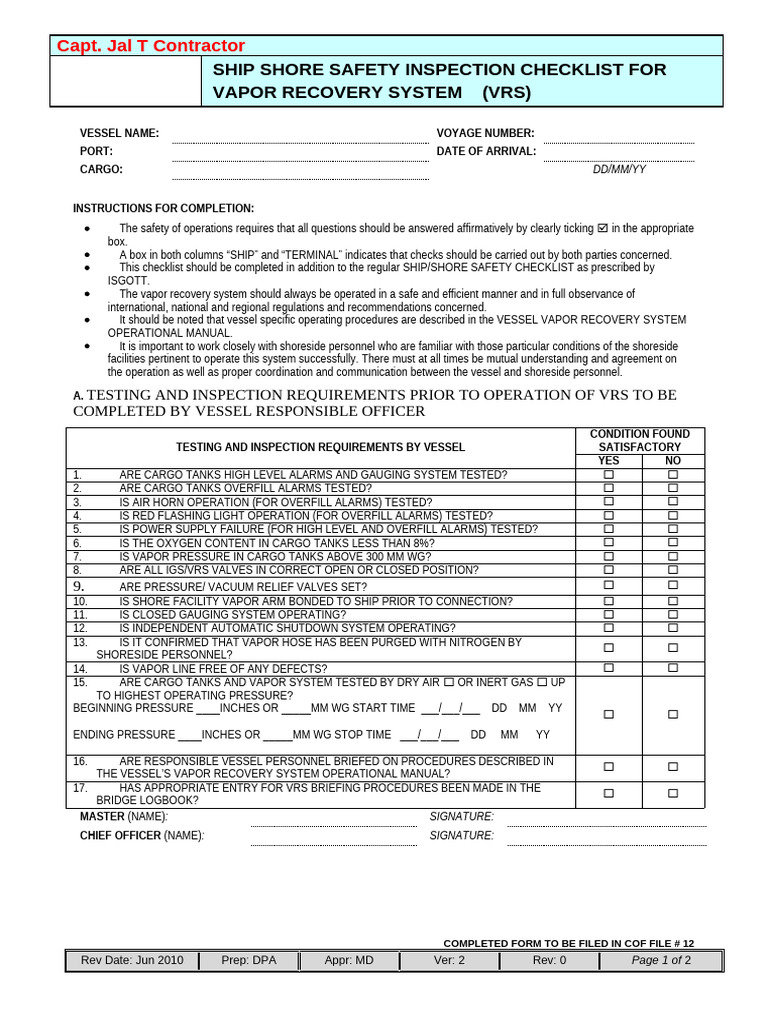 3 Ship Shore Safety Inspection and Checklist For Vapor | PDF | Gases