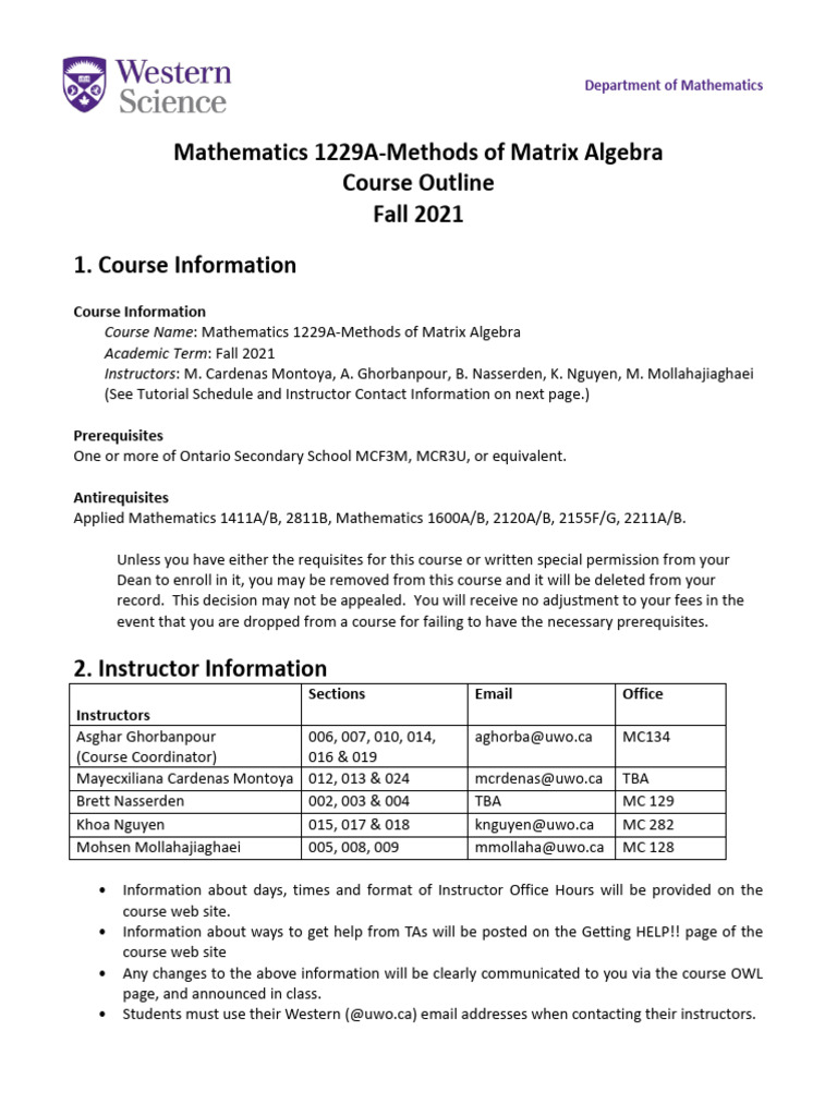 Math 1229 Course Outline Fall 2021 | PDF | System Of Linear Equations ...