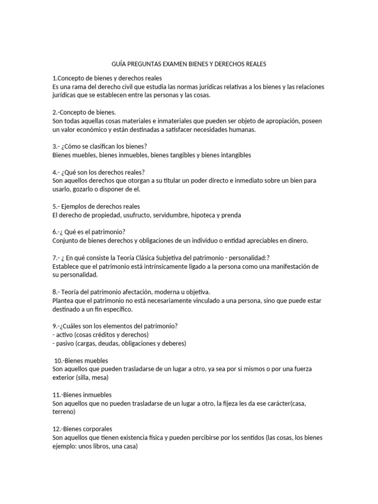 Preguntas Examen Bienes y Derechos Reales | PDF | Propiedad | Bienes