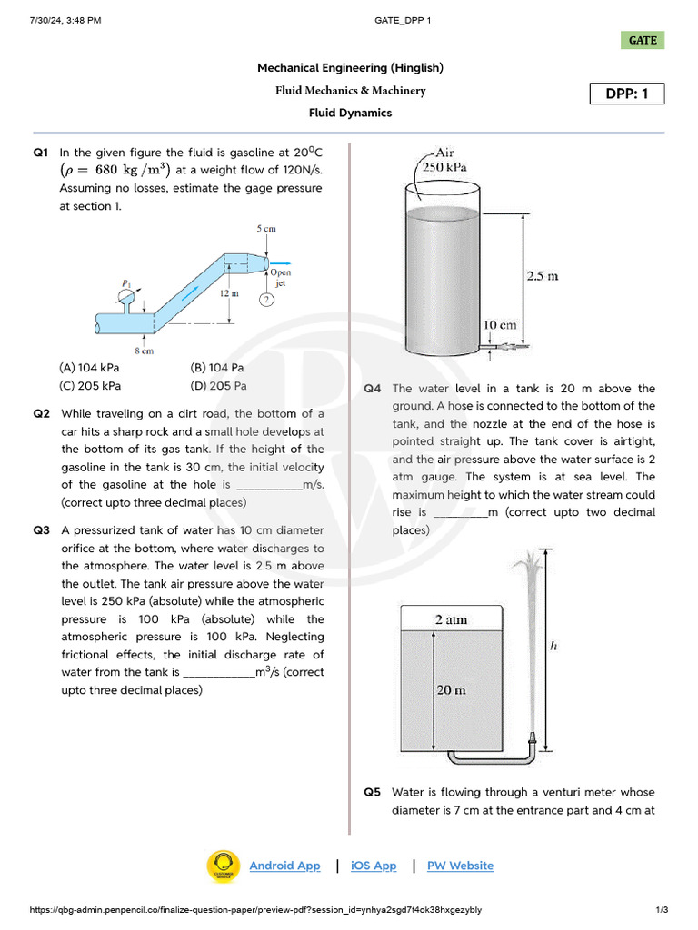 Fluid Dynamics _ DPP 01 | PDF | Pressure | Pressure Measurement