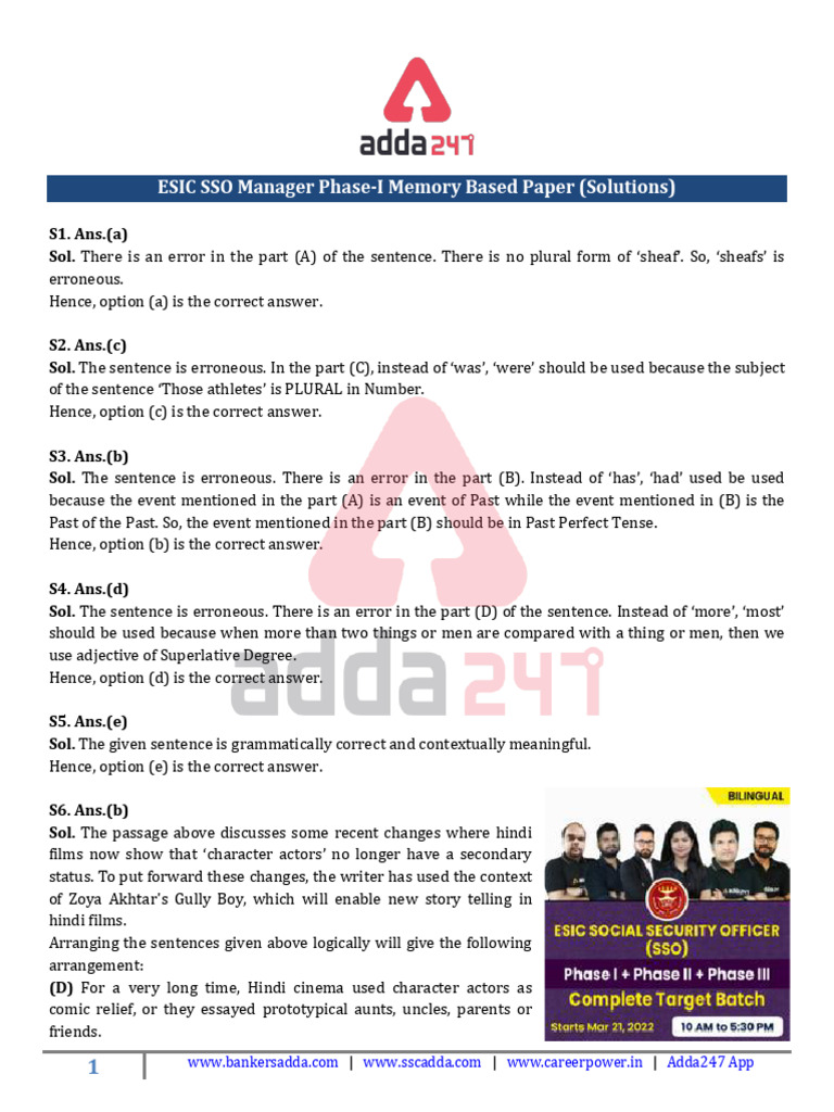 Formatted-ESIC-SSO-Manager-Phase-I-Memory-Based-Paper-Solutions-1 | PDF ...