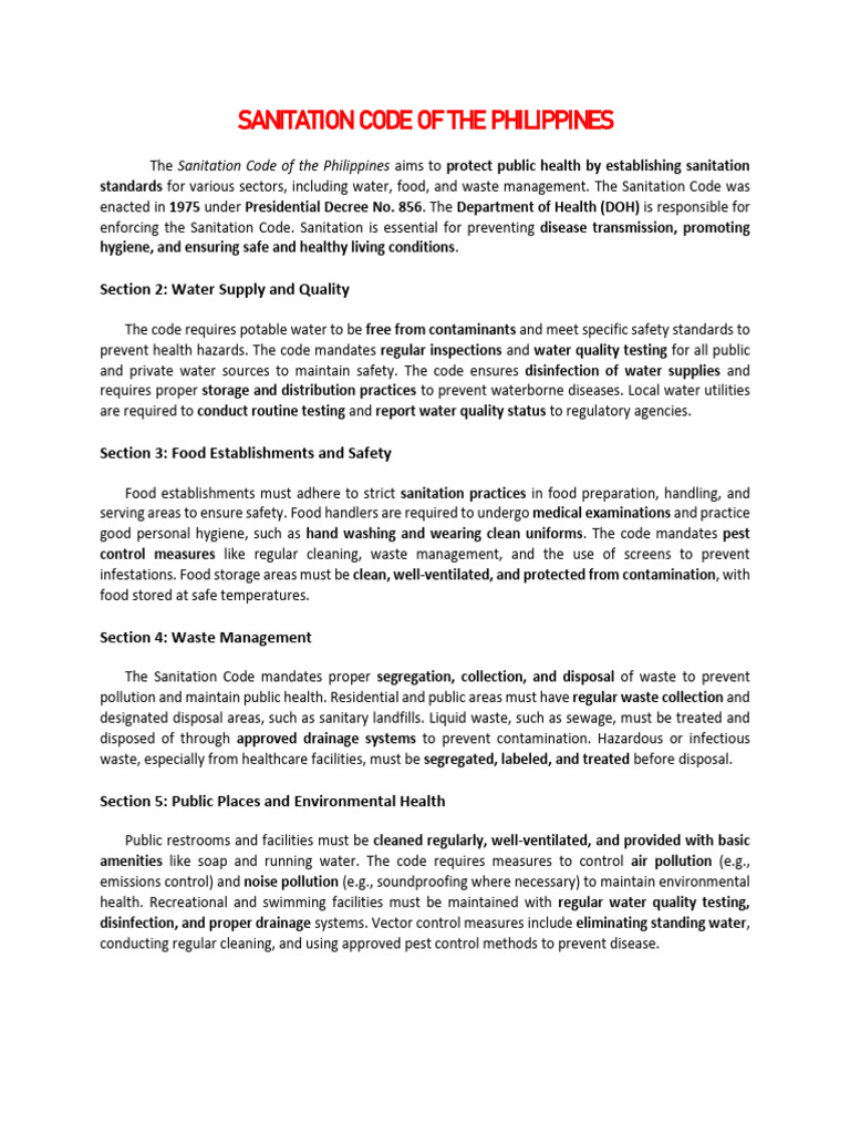 Reviewer Sanitation Code of The Philippines | PDF | Sanitation | Waste
