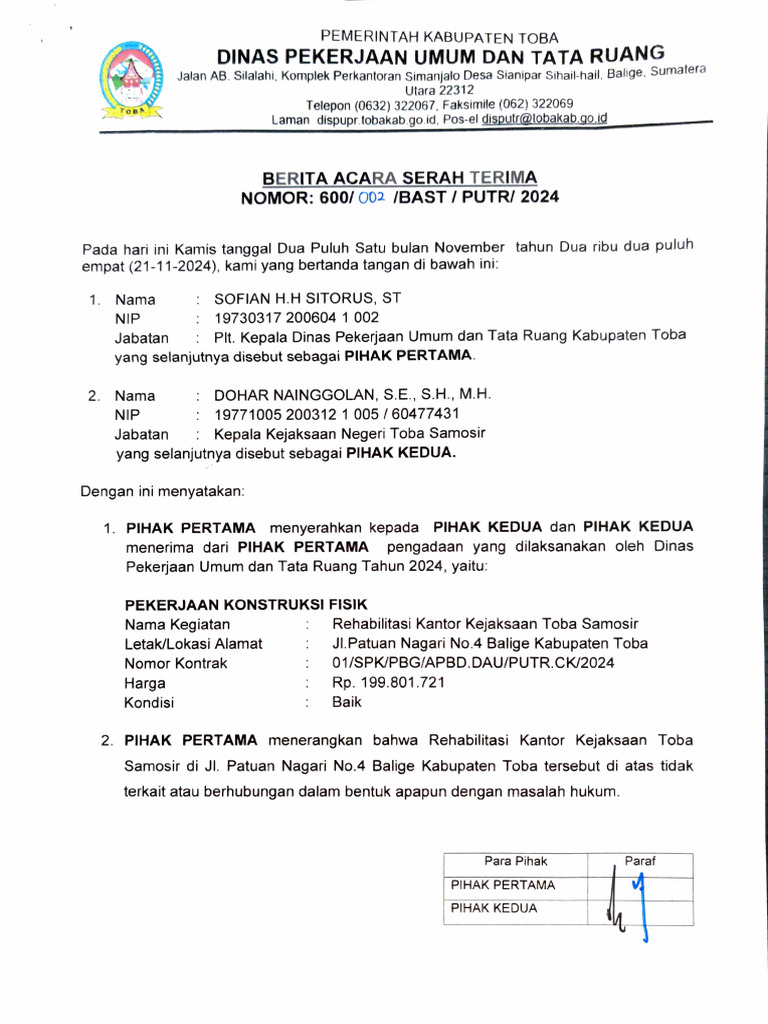 Contoh Surat BAST Rehabilitasi Kantor | PDF