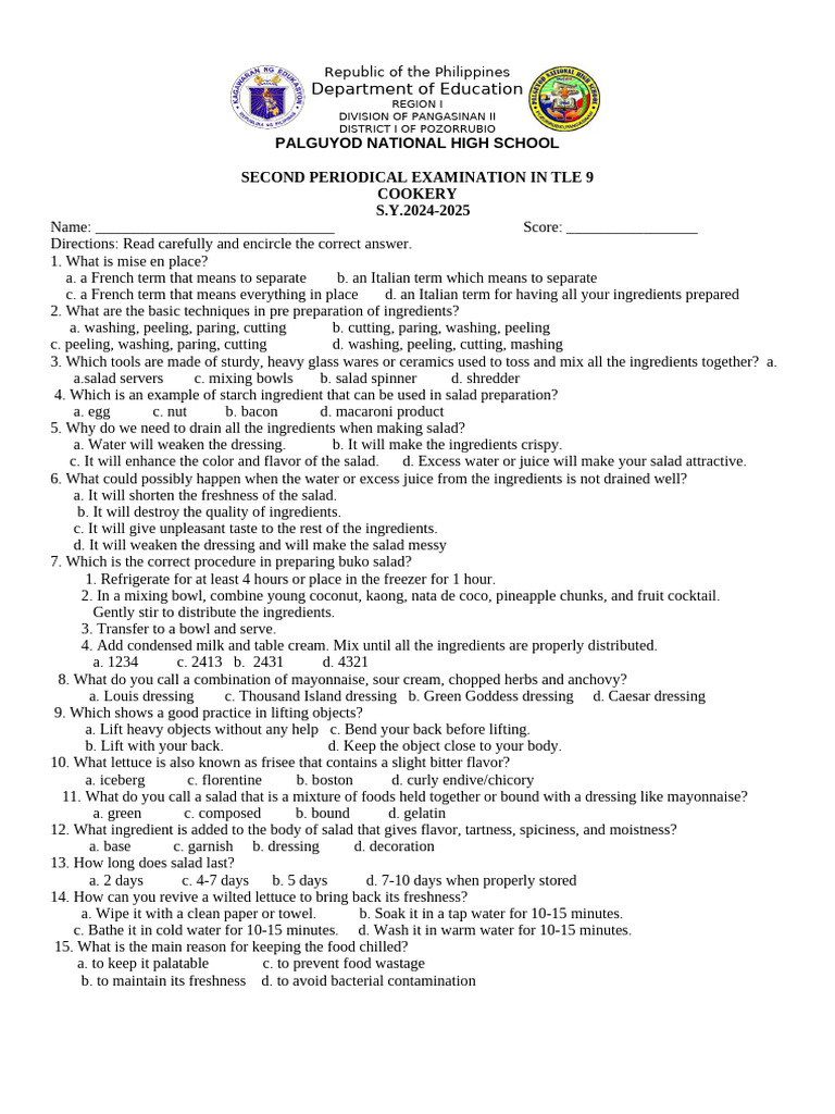 TLE 9 Cookery Periodical Exam Guide | PDF | Salad | Mayonnaise