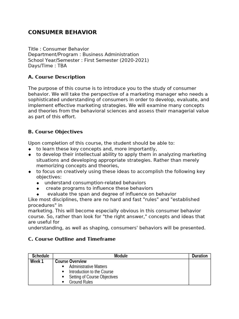 Consumer Behavior - Course Syllabus | PDF | Behavior | Consumer Behaviour