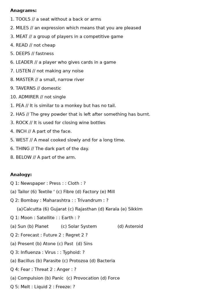 Anagrams and Analogies Practice Questions | PDF