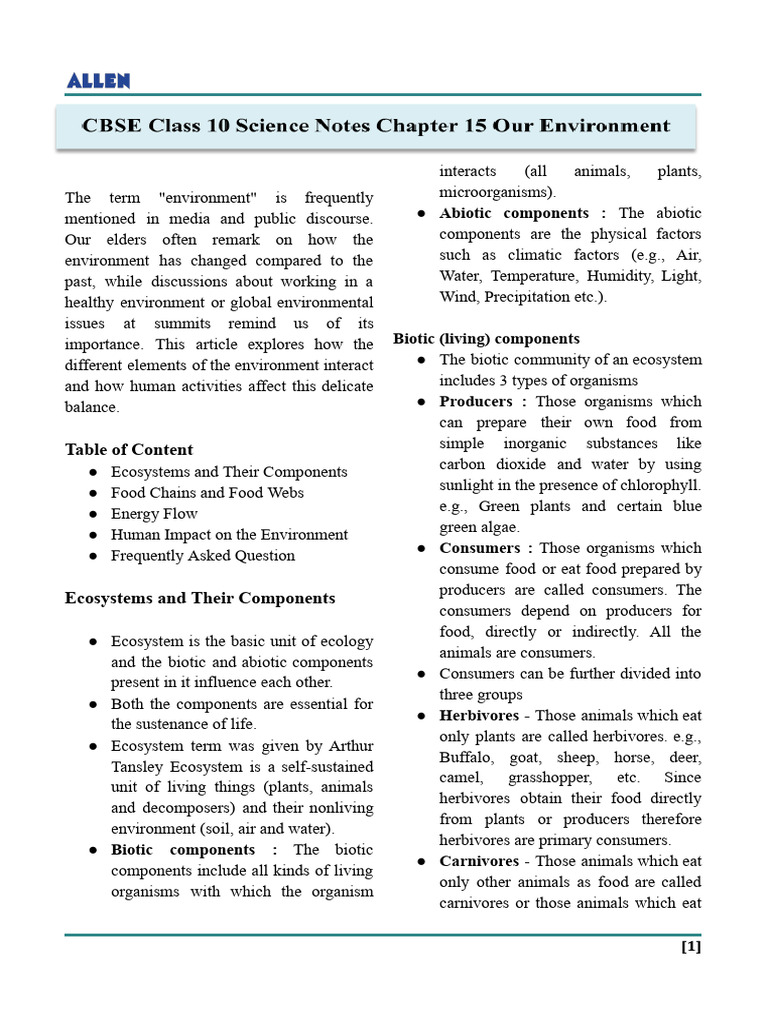 CBSE Class 10 Science Notes Chapter 15 Our Environment | PDF ...