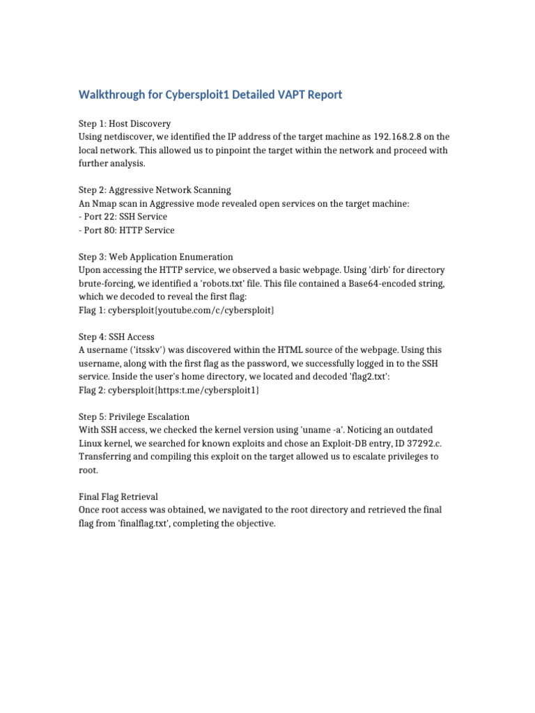 Walkthrough Cybersploit1 VAPT Report | PDF