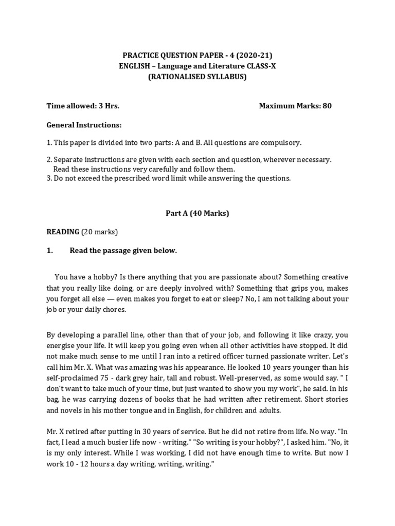 10 English 2020 2021 Practice Paper 4 | PDF | Child Care