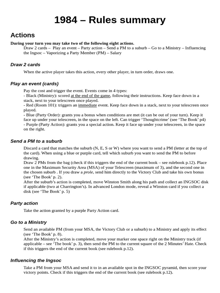 1984_-_Rules_Summary | PDF | Tabletop Games | Games Of Mental Skill