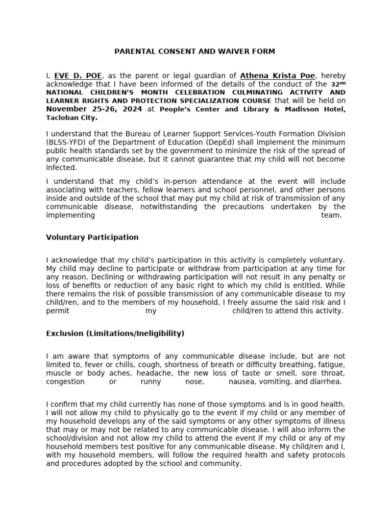 Enclosure-No.-3_Parental-Consent-and-Waiver-Form | PDF | Infection | Consent