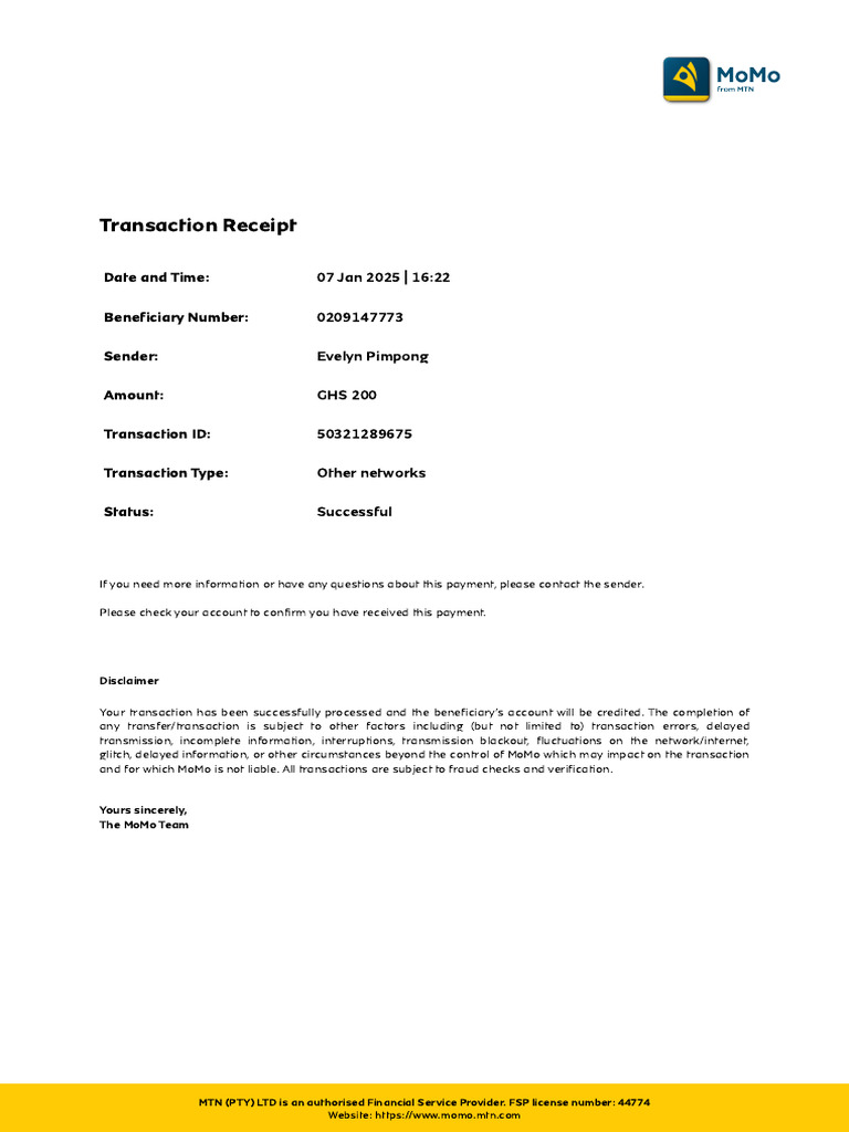 Successful Transaction Receipt - GHS 200 | PDF