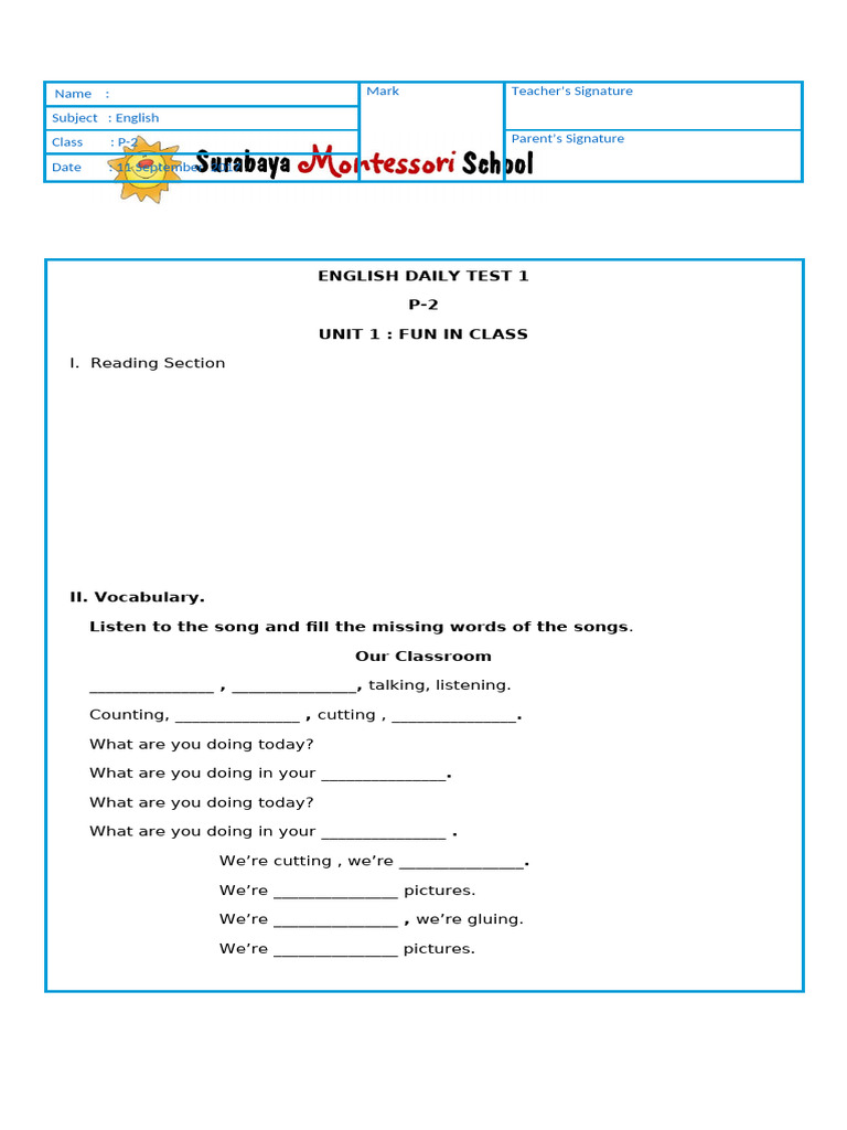 English Daily 1 Test for P-2 sem 1 | PDF | Applied Linguistics | Learning