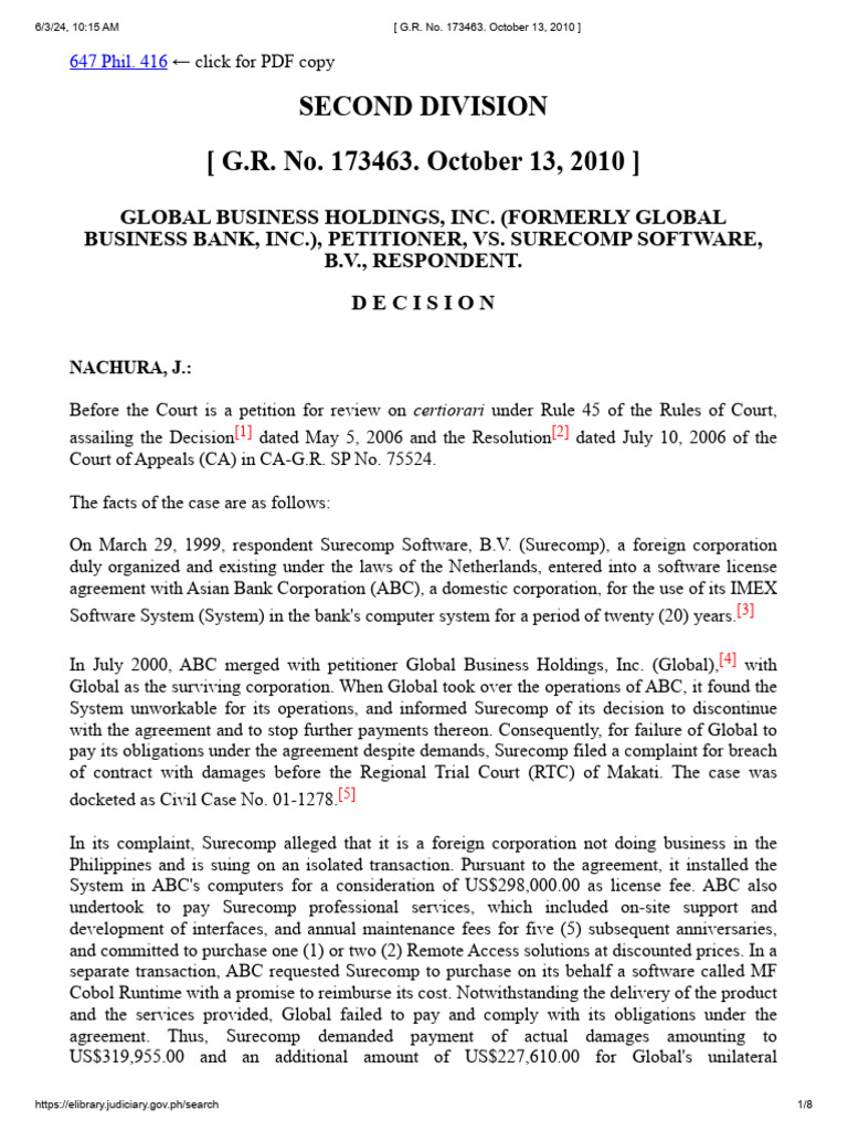 GLOBAL BUSINESS HOLDINGS INC V SURECOMP SOFTWARE | PDF | Lawsuit ...