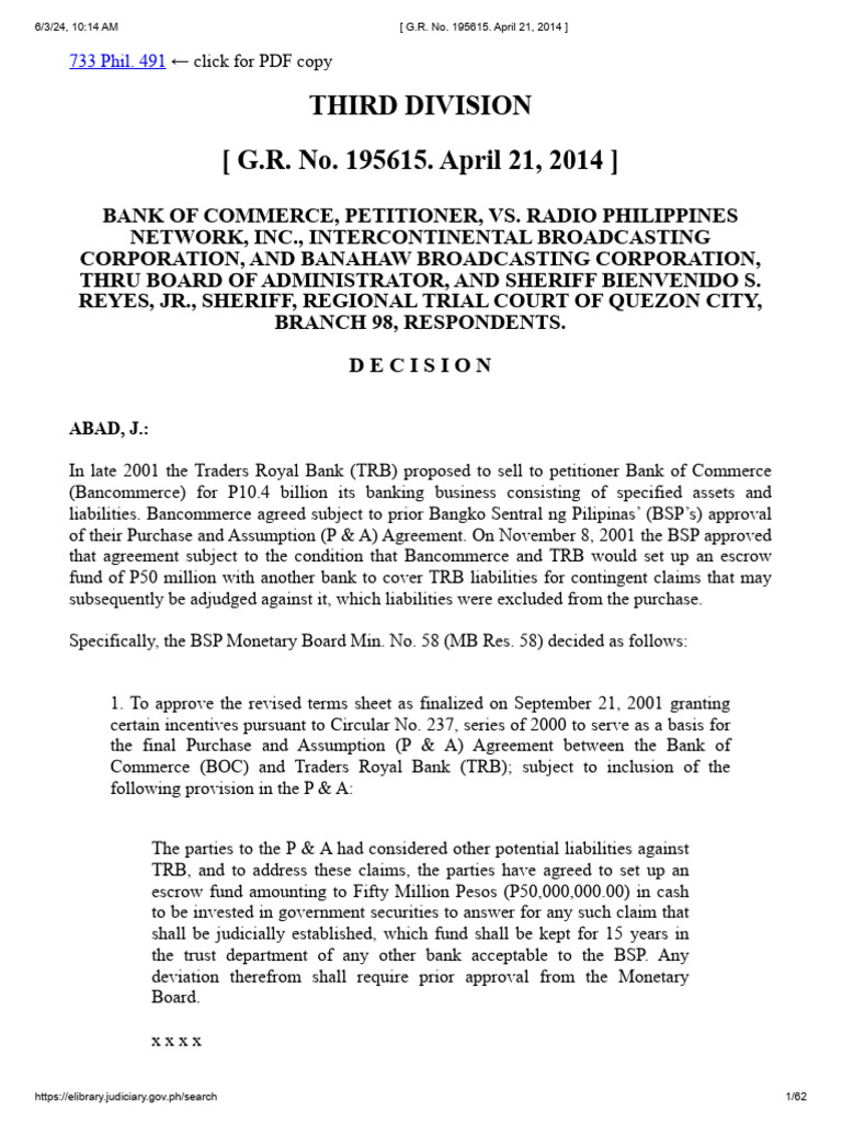 BANK OF COMMERCE V RADIO PHILS NETWORK INC | PDF | Mergers And ...