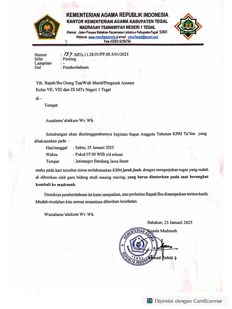 Surat Pemberitahuan KBM Jarak Jauh | PDF