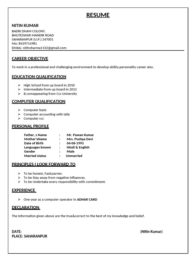 Nitin Kumar Resume - Computer Operator | PDF