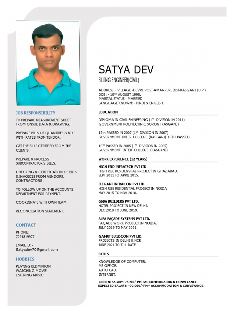 Satya Dev CV For Billing Engineer | PDF
