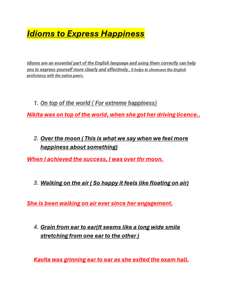 Happiness Idioms Explained | PDF