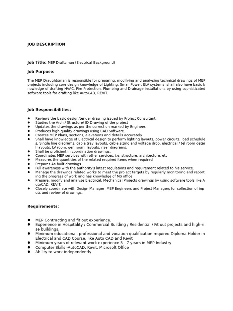 MEP Draftsman Job Description | PDF
