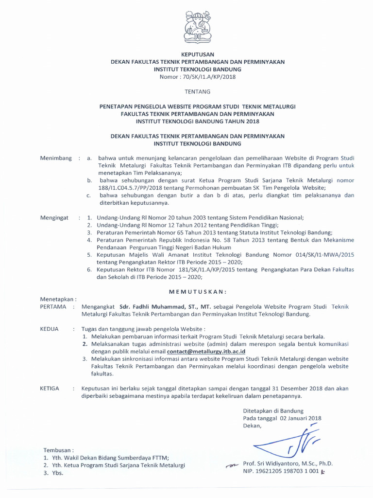 0070 SK Dekan FTTM ITB Tentang Pengelola Web Site MG | PDF