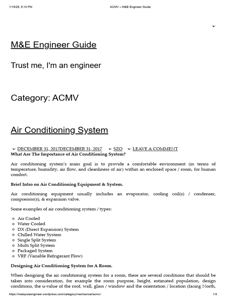 ACMV – M&E Engineer Guide | PDF | Air Conditioning | Manufactured Goods