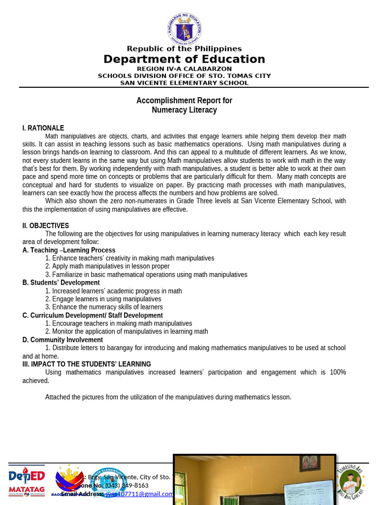 Accomplishment Report in Numeracy | PDF | Mathematics | Learning