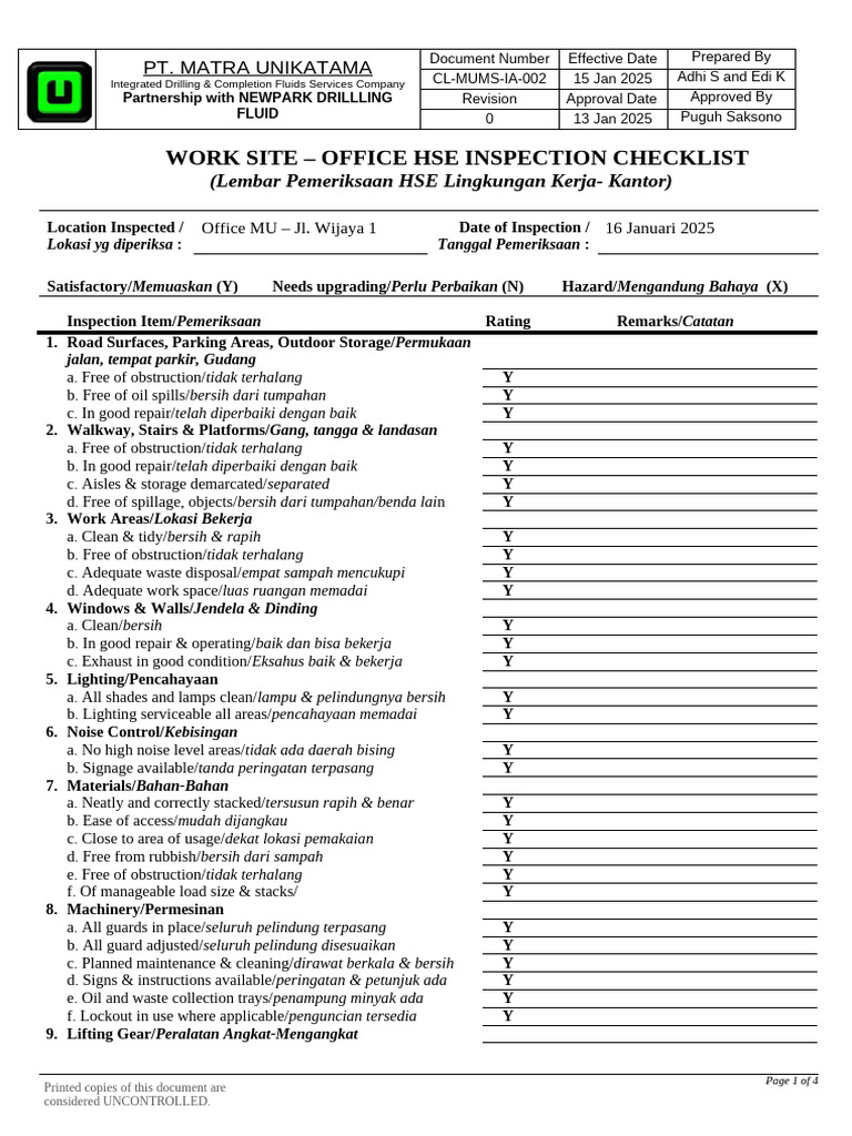 CL-MUMS-IA-002 - Worksite - Office HSE Insp Checklist | PDF