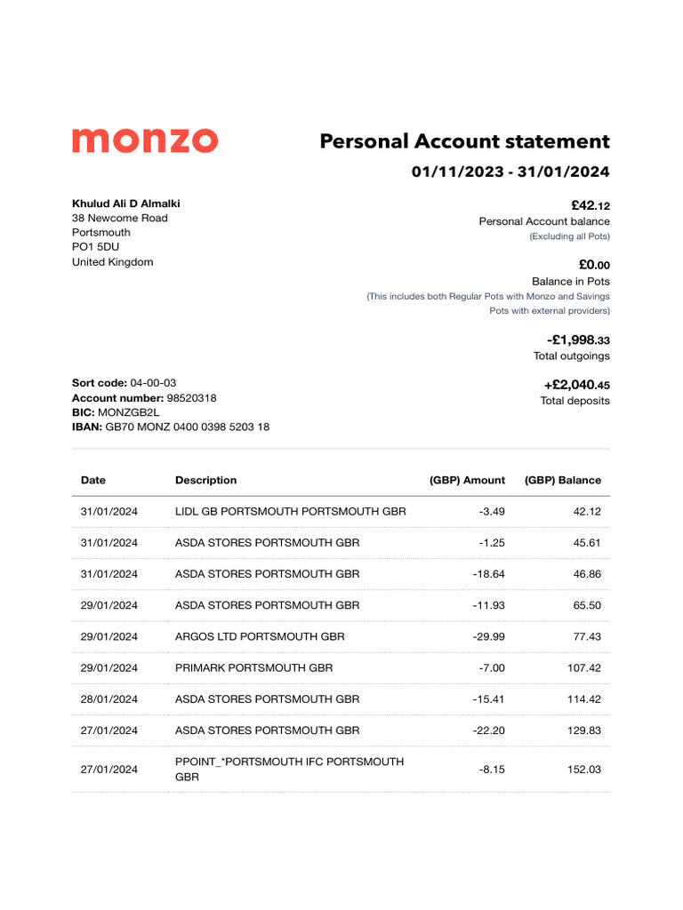 Monzo - Bank - Statement - 2023 11 01 2024 01 31 - 1909 | PDF | Deposit ...