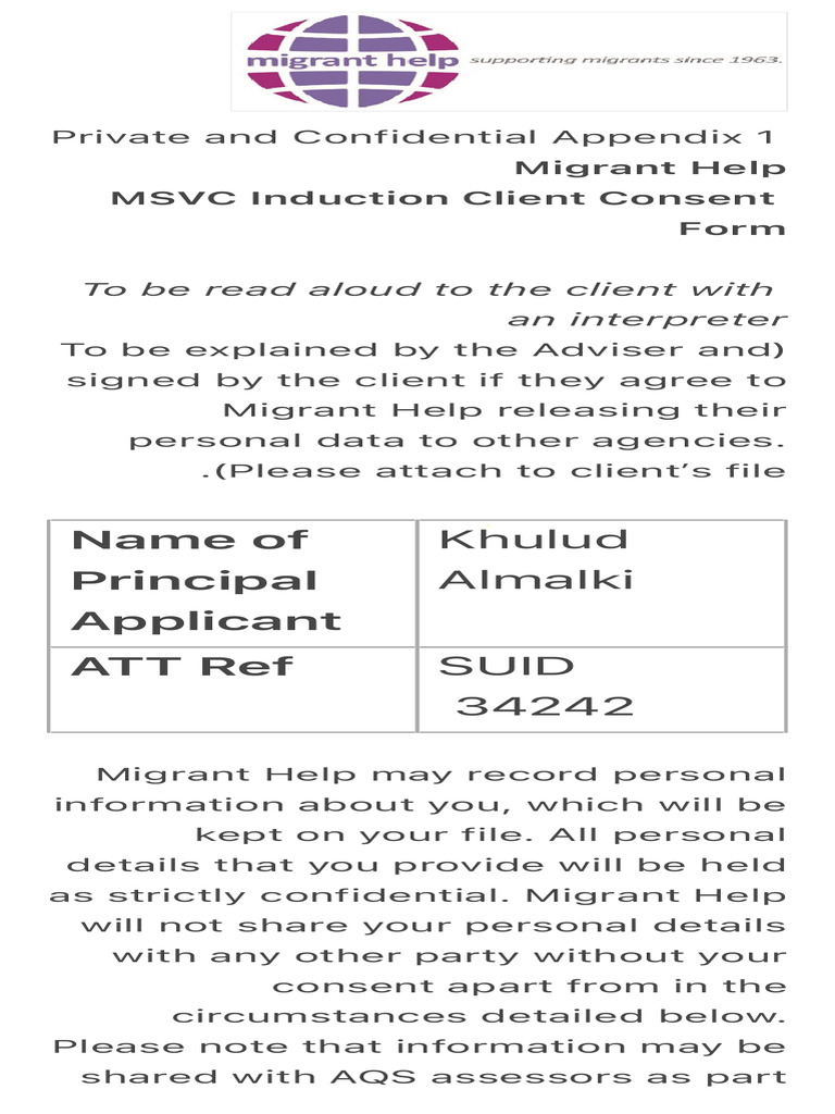 Migrant Help Client Consent Form | PDF | Confidentiality | Consent