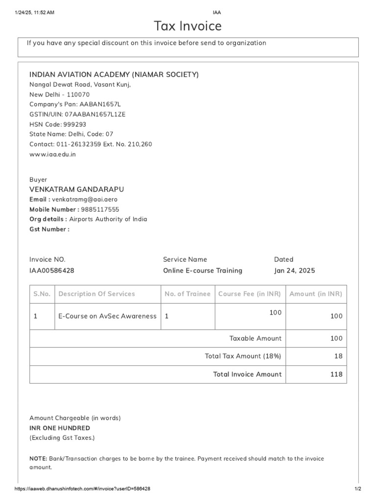 Tax Invoice: Indian Aviation Academy (Niamar Society) | PDF
