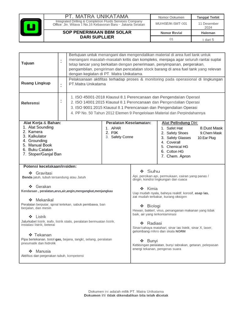 Sop Penerimaan BBM Solar Dari Suplier | PDF