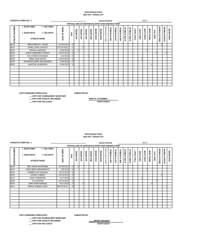 2023 Division Meet Athletics Entry Form | PDF | Track And Field | Sports