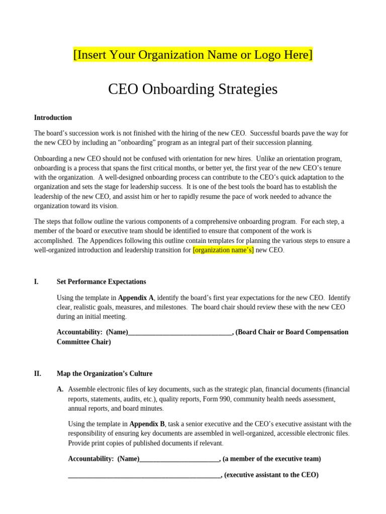 CEO Onboarding Strategies and Template | PDF | Strategic Planning ...