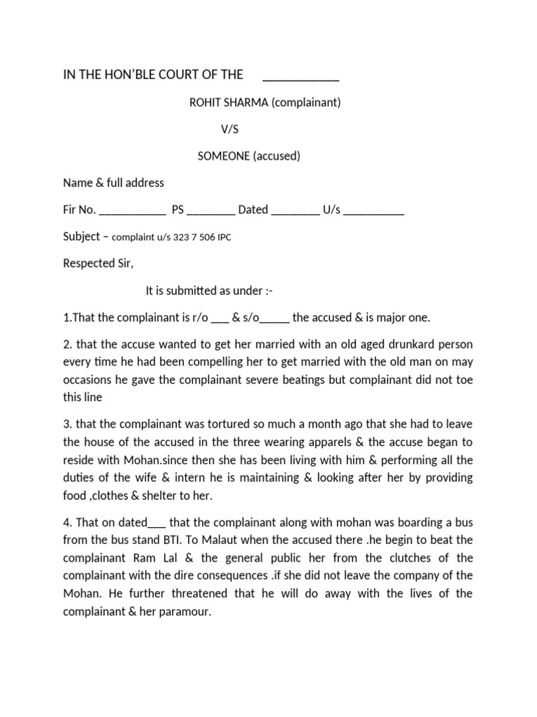 Complaint Under Sections 323 & 506 IPC | PDF