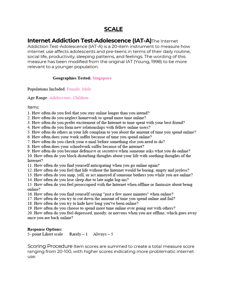 Internet Addiction Test-Adolescence(IAT-A) SCALE photo | PDF ...