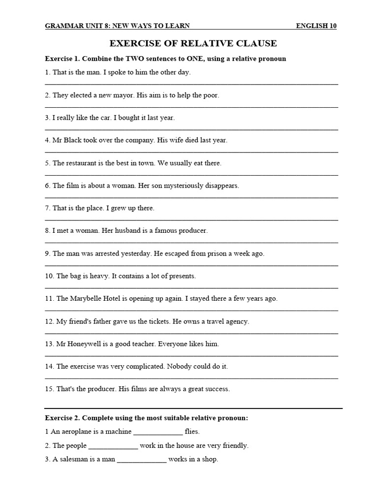 Relative Clauses Exercises for English 10 | PDF | Grammar | Syntax