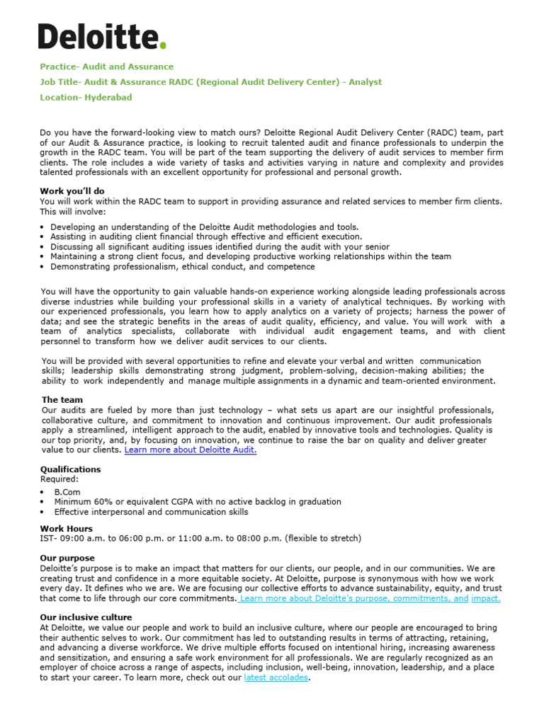 Deloitte USI - A&A - RADC Analyst - JobDescription | PDF | Audit ...