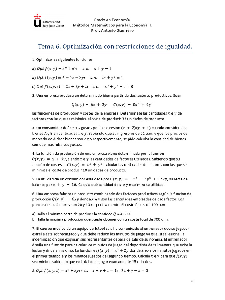 Tema 6. Ejercicios. Optimización Con Restricciones de Igualdad. | PDF | Optimización Matemática ...